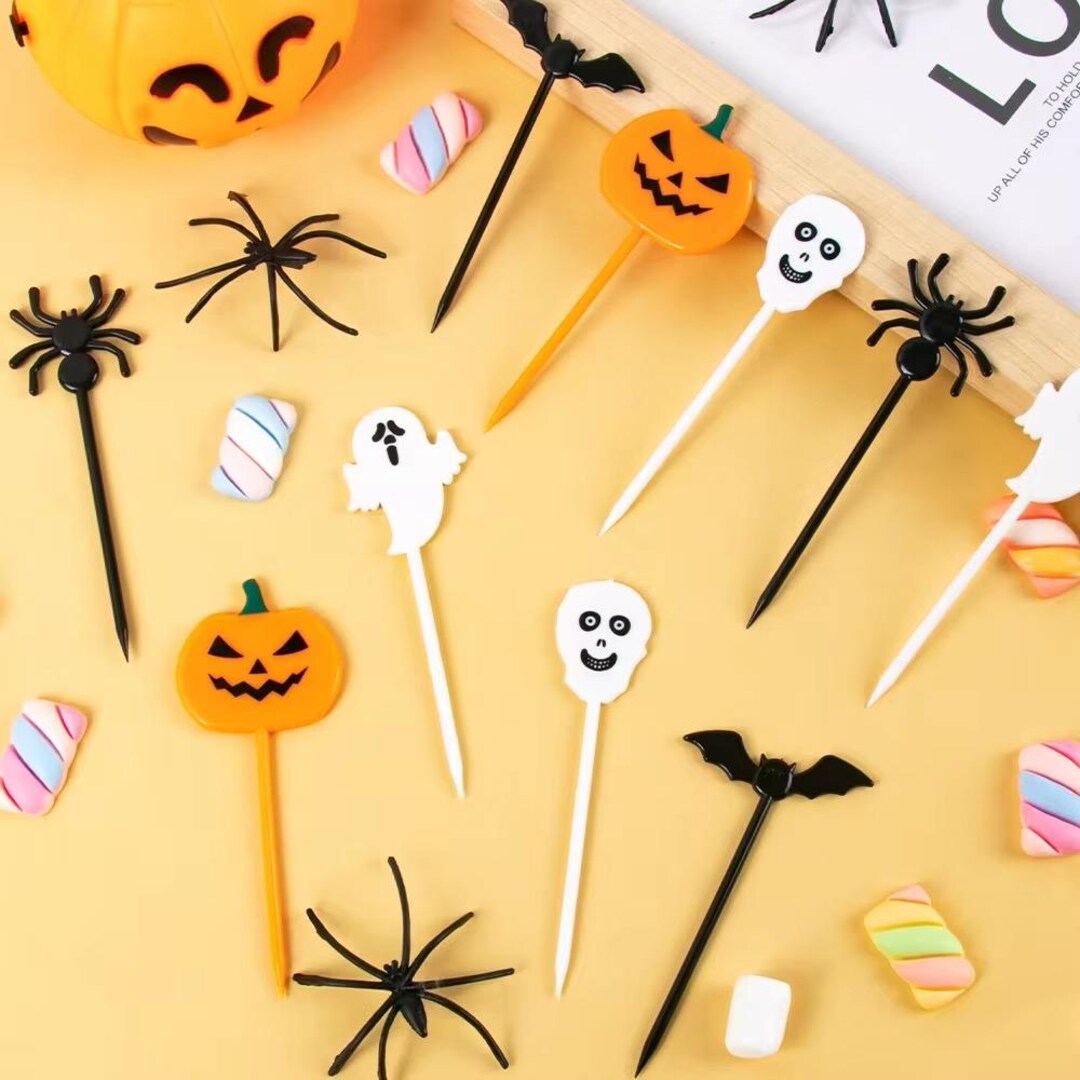 Halloween Toothpicks Pumpkin Ghost Bat Fruit Fork Dessert Cocktail Cake ...