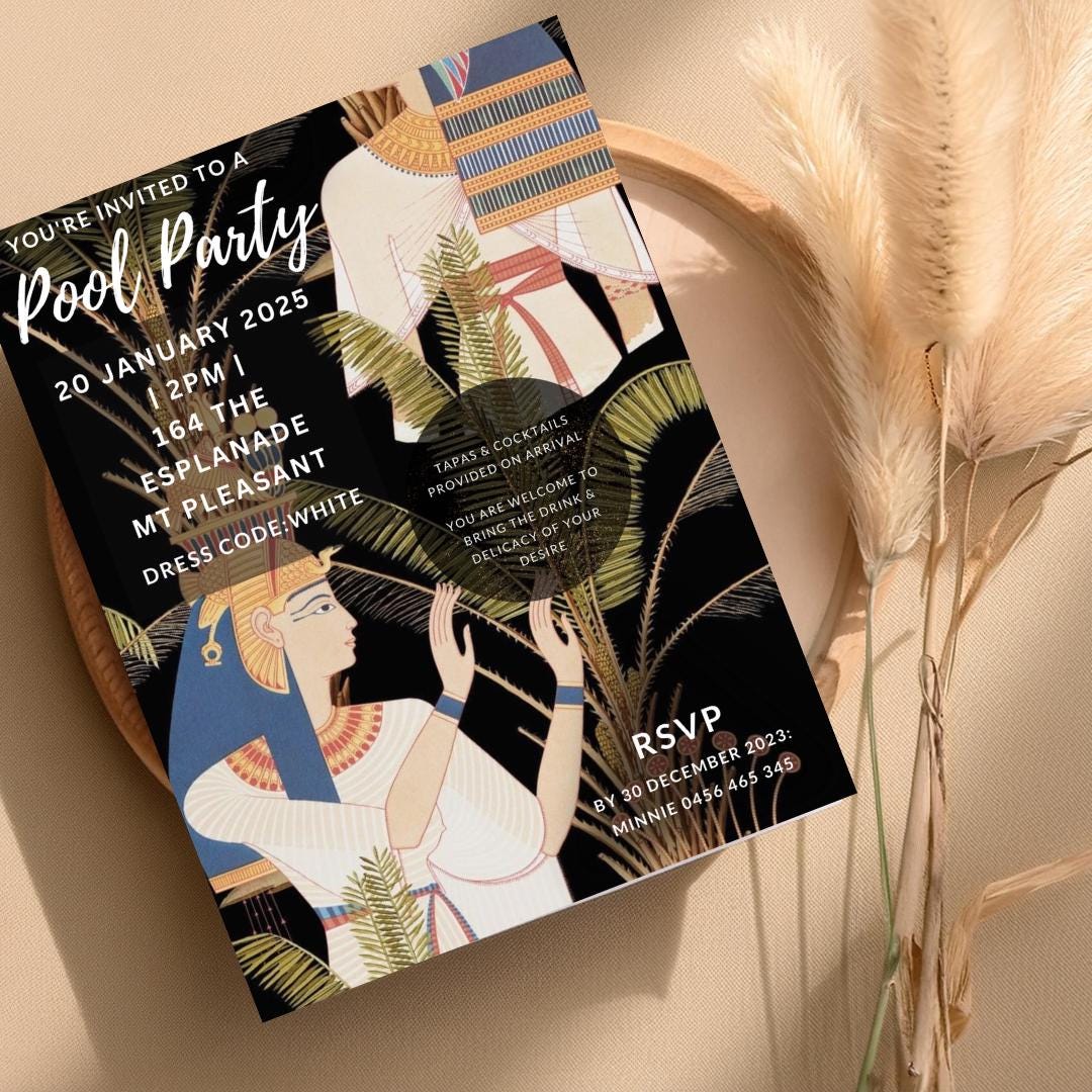 Ancient Egyptian-themed Pool Party Invitation - Editable Canva Template ...