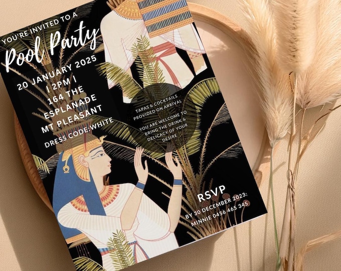 Ancient Egyptian-themed Pool Party Invitation - Editable Canva Template ...
