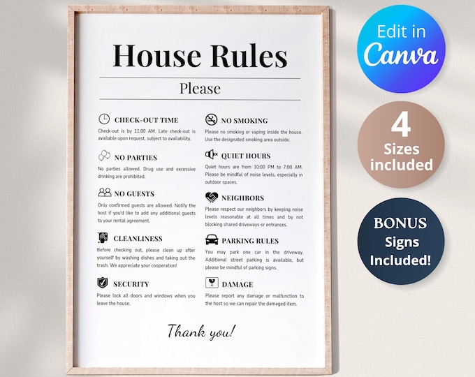 Airbnb House Rules Sign Template | Guest Information Sheet | Hotel ...