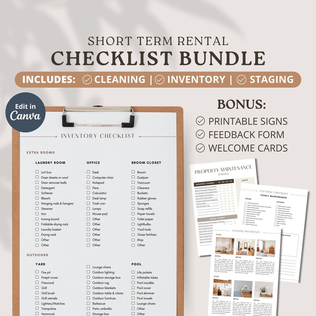 Editable Airbnb Checklist Bundle in Canva | Cleaning, Staging ...