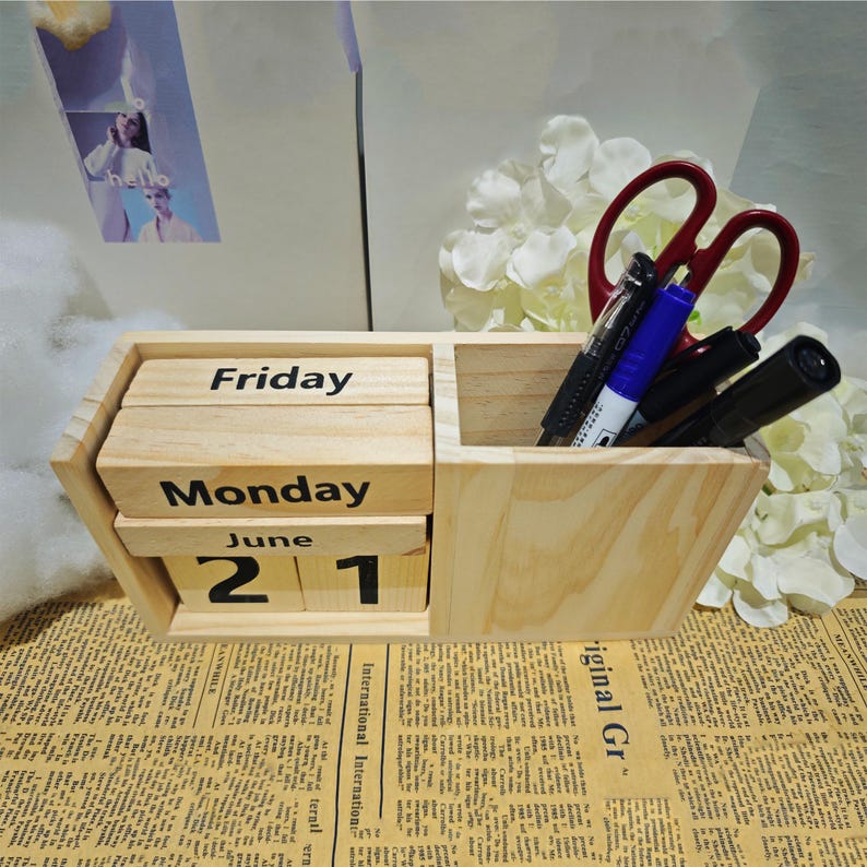Handmade Wooden Perpetual Calendar With Pen Holder, Desk Organizer - Etsy