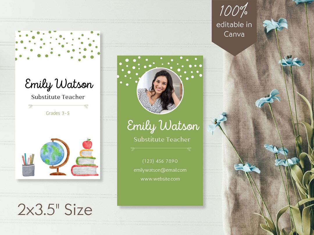 Substitute Teacher Business Card Template: Vertical Design (editable in ...