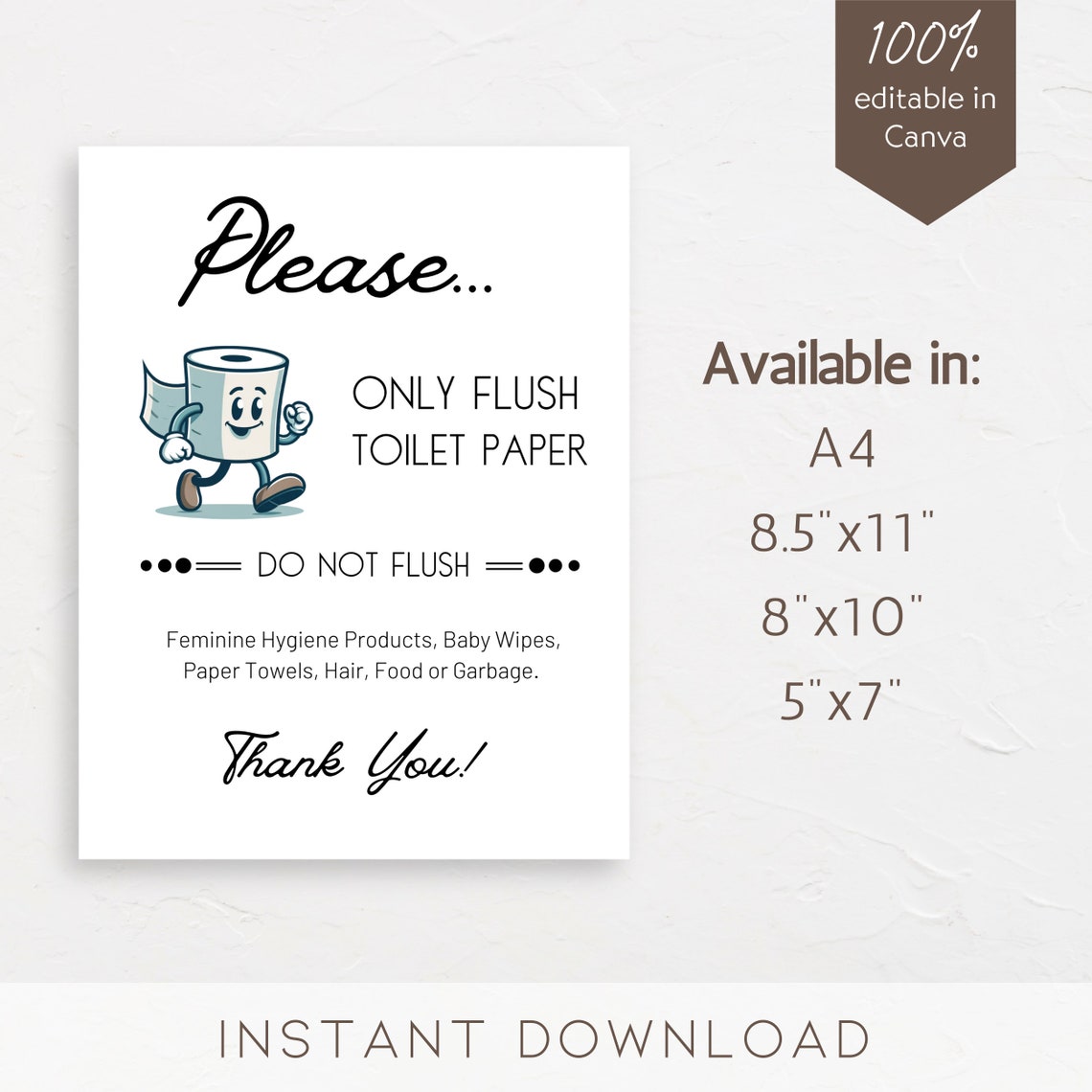 Retro Airbnb Bathroom Printable Sign for Flushing Only Toilet Paper ...