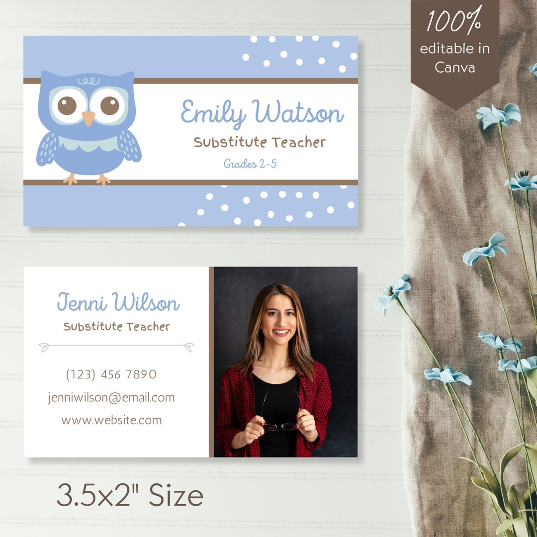 Substitute Teacher Cute Business Card Canva Template for Instructors ...
