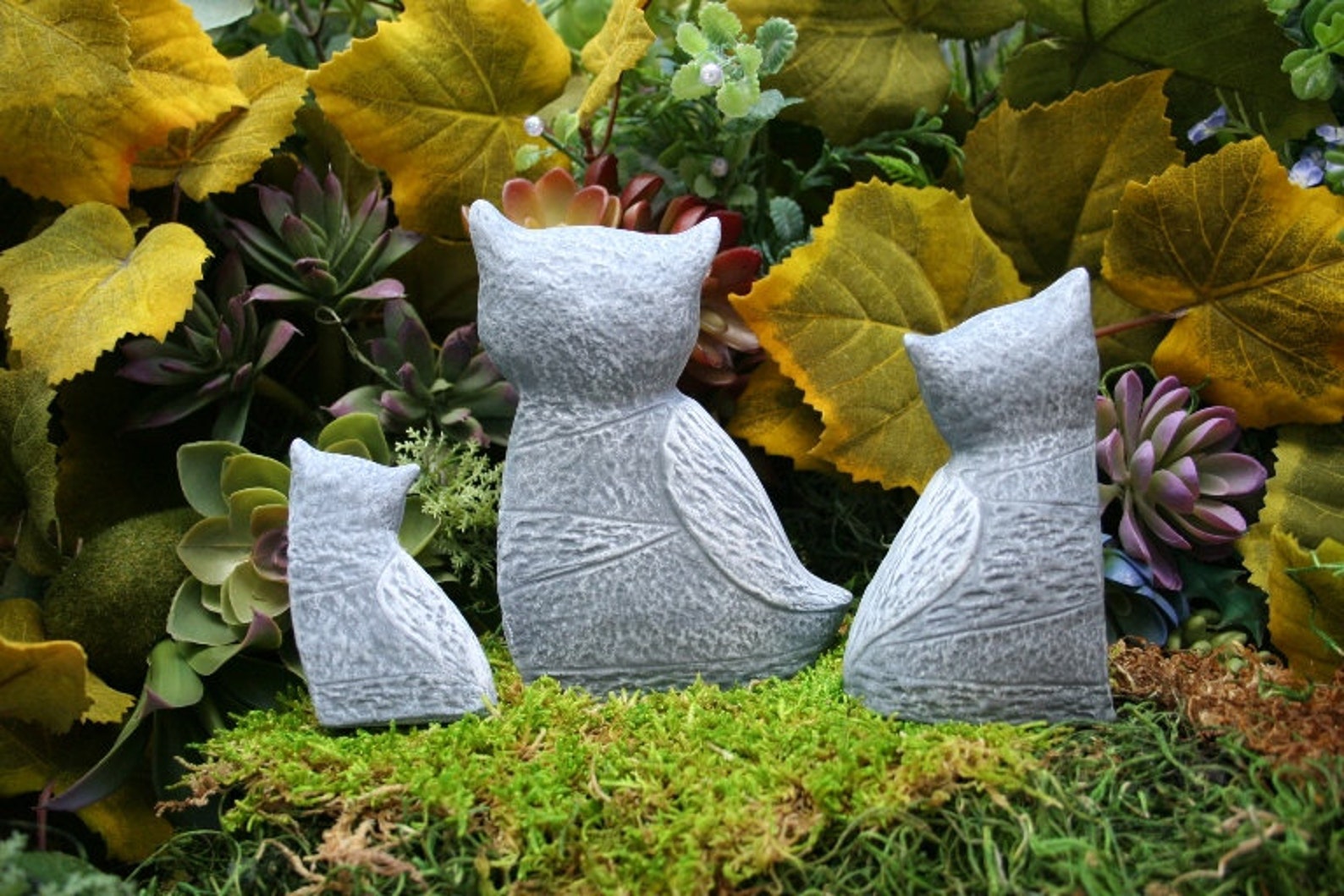 Owl Statues, Concrete 3 Owl Family, Garden Decoration, Stone Indoor or ...