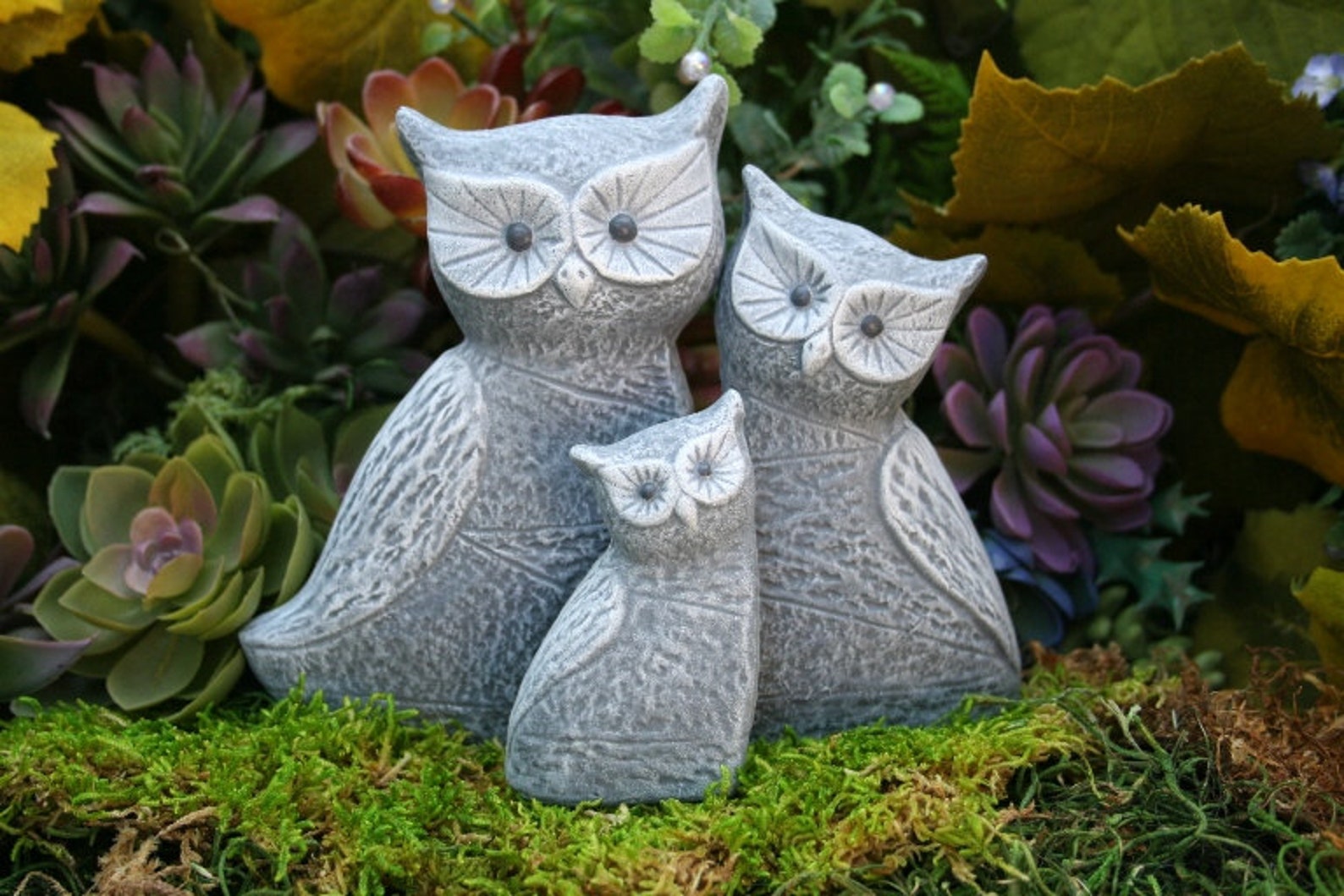 Owl Statues, Concrete 3 Owl Family, Garden Decoration, Stone Indoor or ...