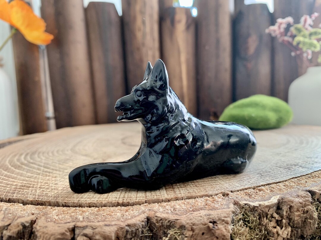 4" Natural Obsidian German Shepherd Carving, Crystal Dog Figurine Decor ...