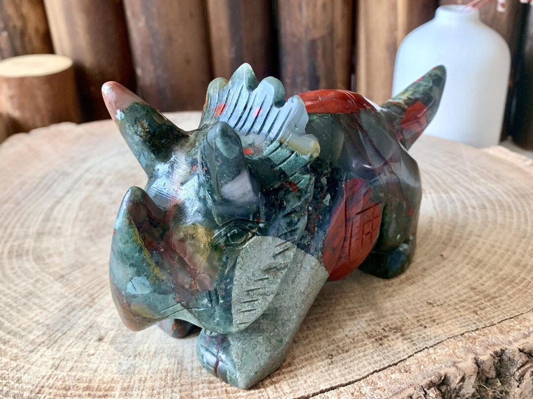 Large Crystal Dinosaur Carving, Natural Bloodstone Triceratops Figurine ...