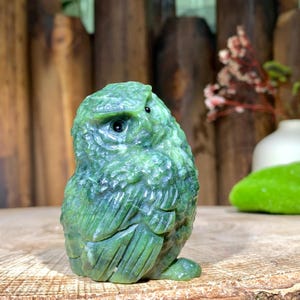 2.4" Hand Carved Olive Jade Owl Carving, Gemstone Birds Figurine Decor ...