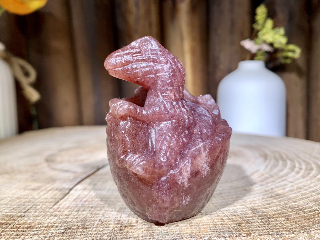 2.5" Natural Crystal Dinosaur Egg Carving, Strawberry Quartz ...