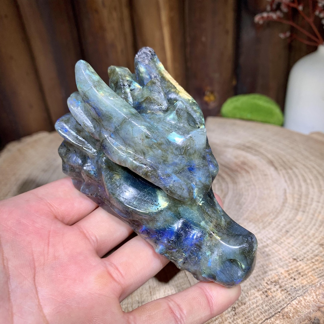 4" Large Natural Labradorite Dragon Skull Carving, Gemstone Skull Decor ...