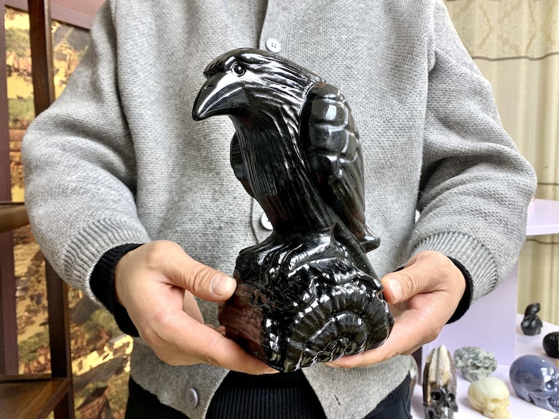 Giant! 8.2" Obsidian Ravens Crows Hand-carved Carving, Gemstone Birds ...