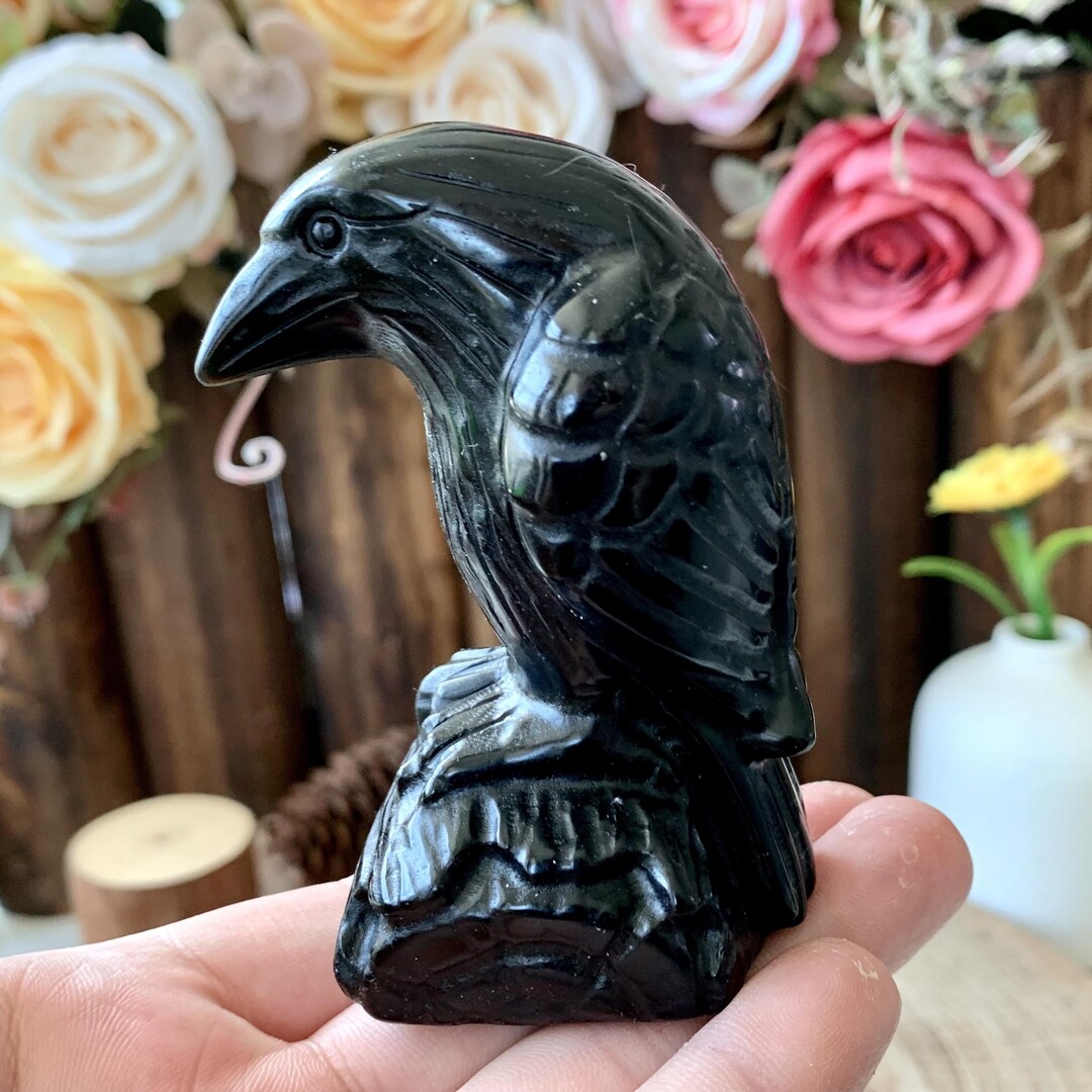 3.2" Natural Obsidian Ravens Crows Carving, Gemstone Birds Figurine ...