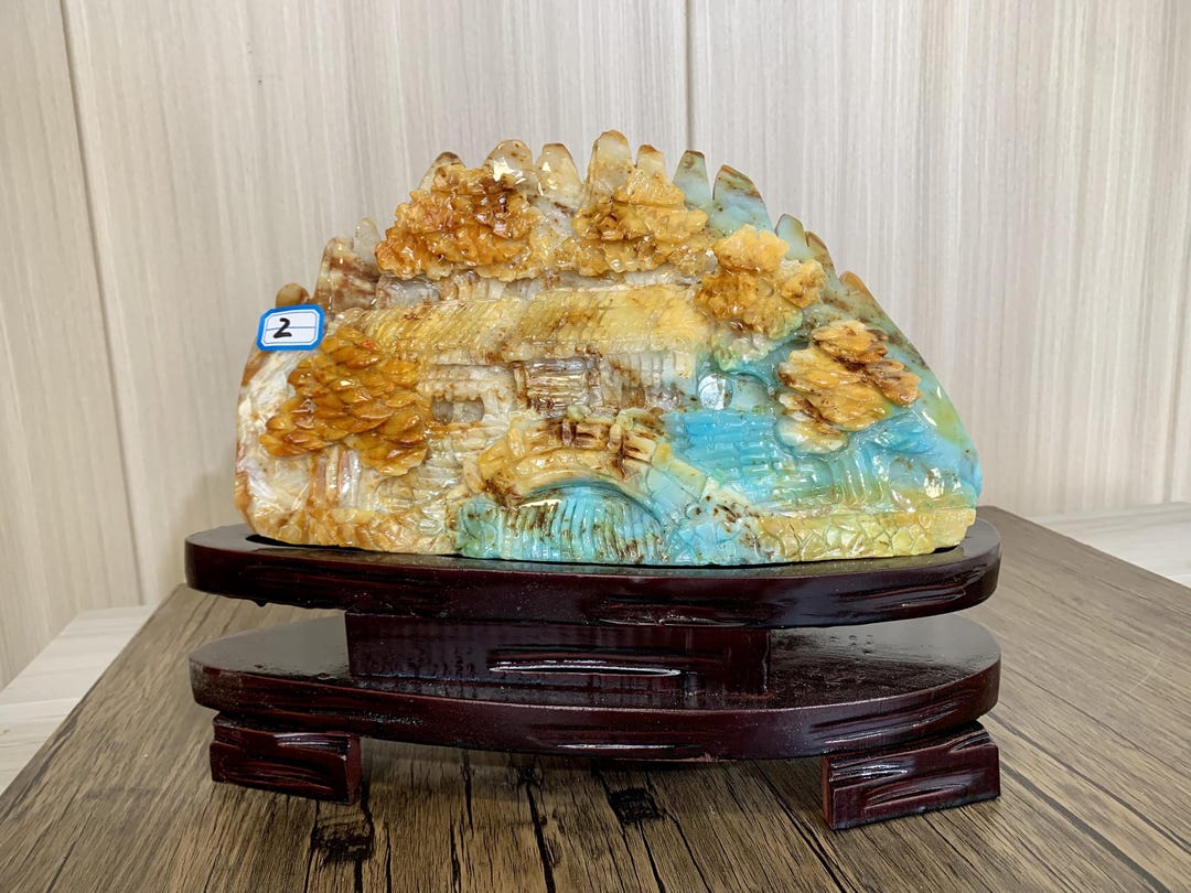 13" Large Crystal Handcrafted Scenery Art Ornament, Natural Green Jade ...