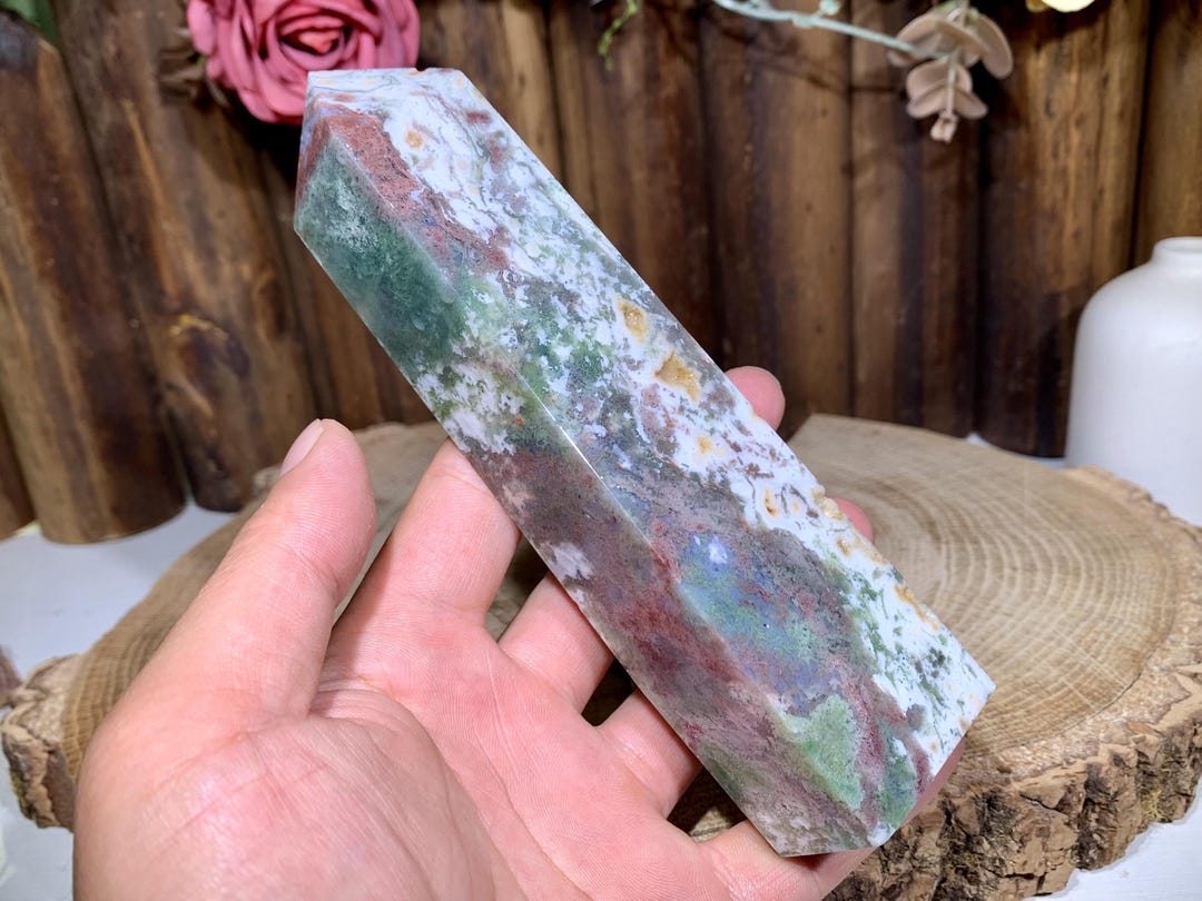 160MM Rare Natural Moss Agate Obelisk With Geode, Colourful Crystal ...