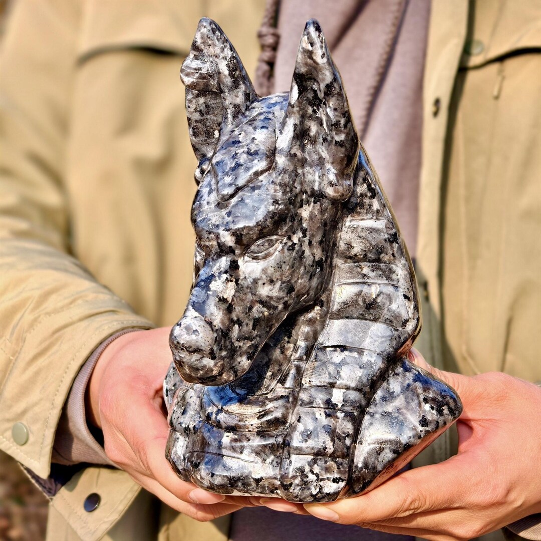 HUGE 8.5" Hand Carved Larvikite Anubis Statue, Shining Crystal Wolf ...