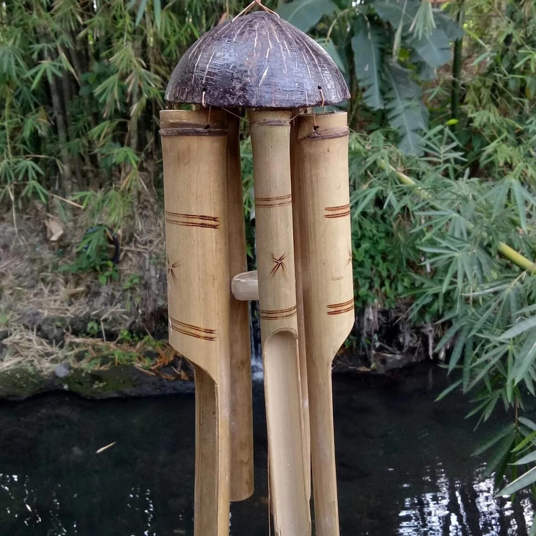 Handmade Bamboo Wind Chime | Natural Coconut Top Garden Decor | Eco ...