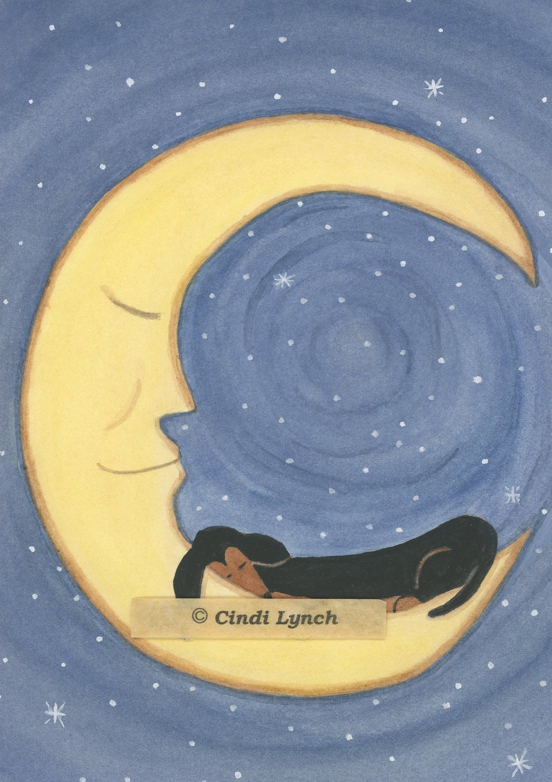 Black Shorthaired Dachshund (doxie) Sleeping on the Moon / Lynch Signed ...