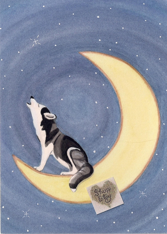 Siberian husky howling on the moon / Lynch signed folk art | Etsy