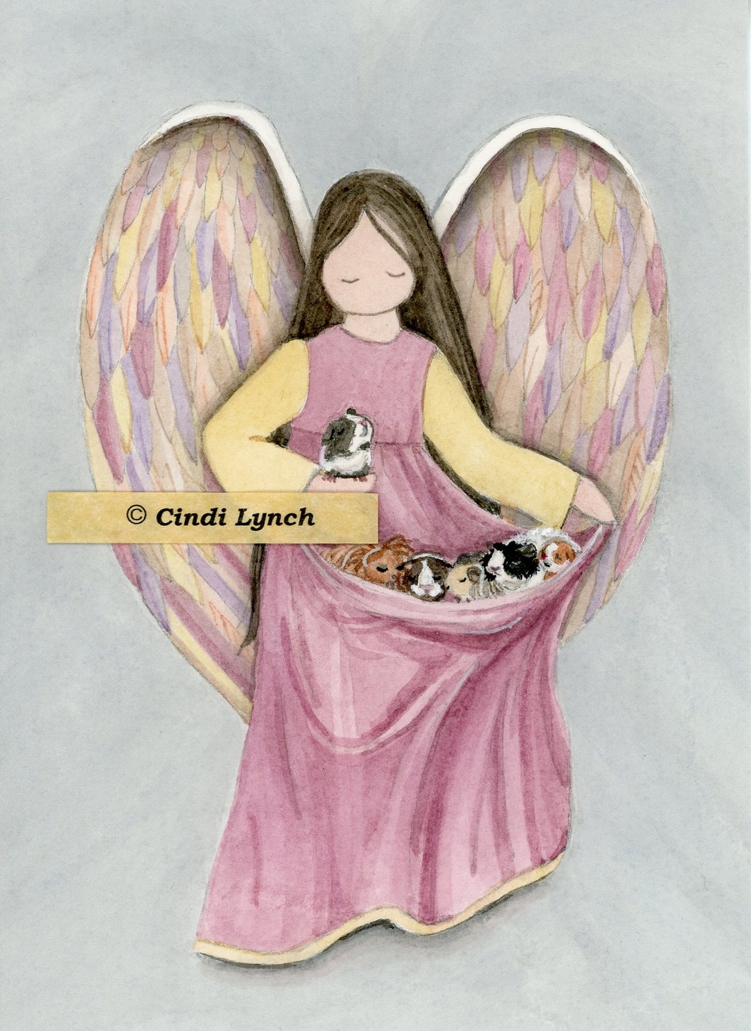 Angel Cradles a Gown Full of Guinea Pigs / Lynch Signed Folk Art Print ...