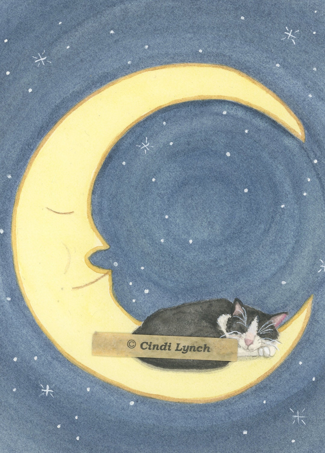 Tuxedo Cat (tux Cat) Takes a Nap on the Moon / Lynch Signed Folk Art ...