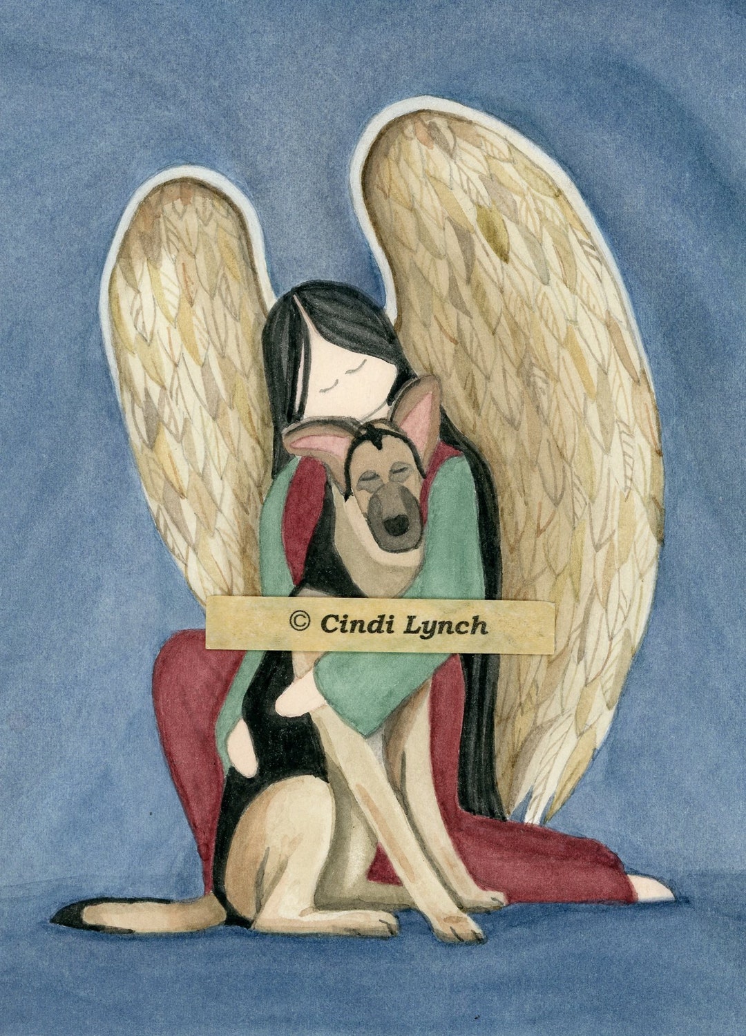 LARGER German Shepherd With Angel / Lynch Signed Folk Art Print Pet ...