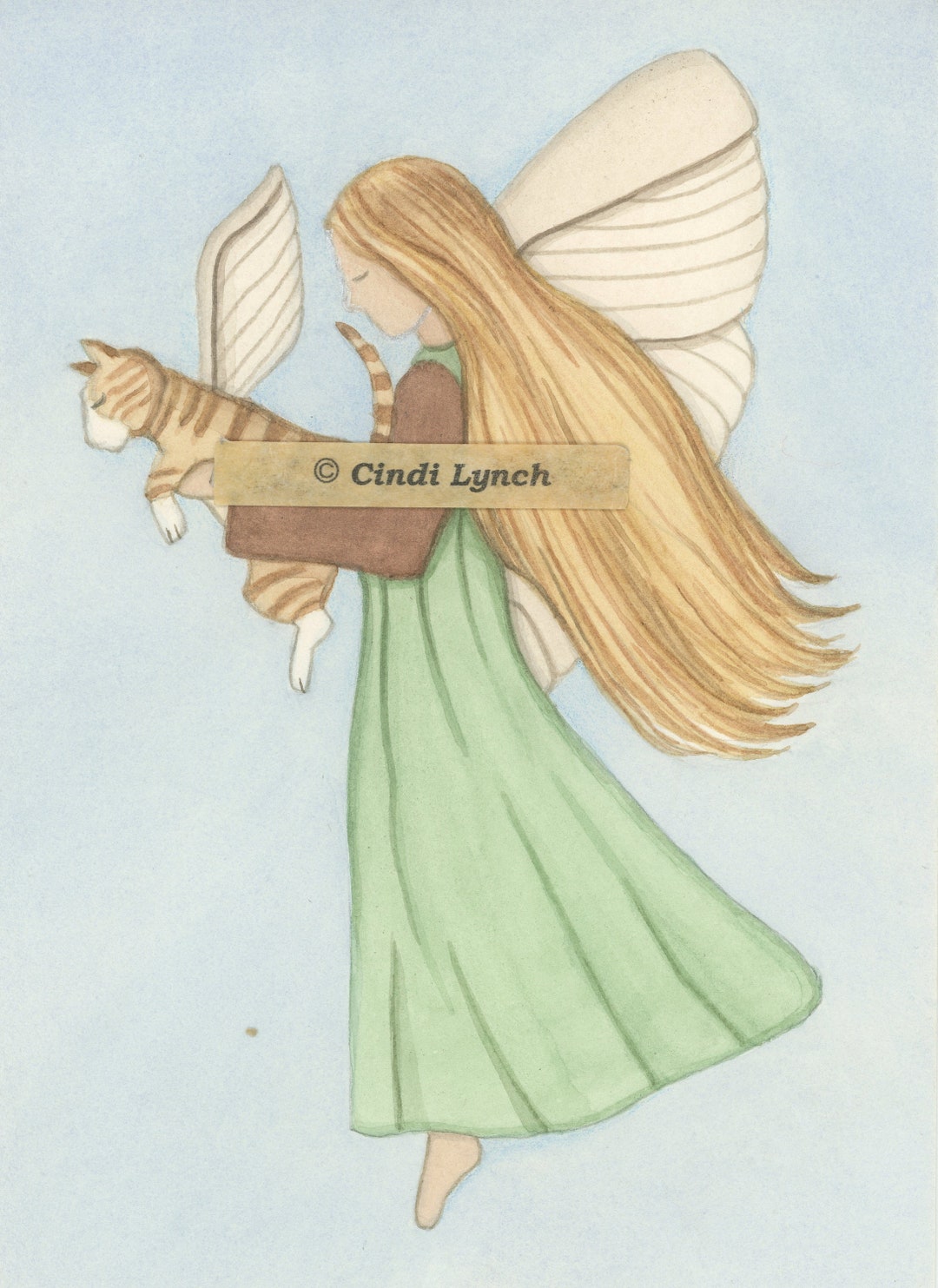 Tabby Cat Carried by Fairy / Angel / Lynch Signed Folk Art Print Pet ...