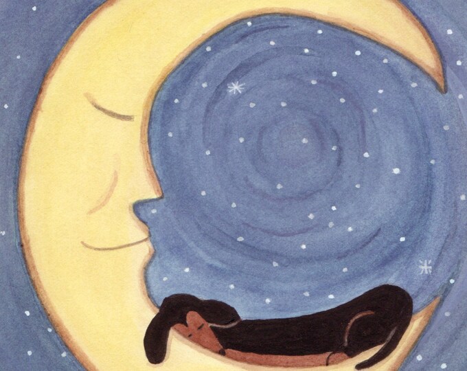 LARGE SIZE Black Dachshund on the Moon / Lynch Folk Art Print Weiner ...