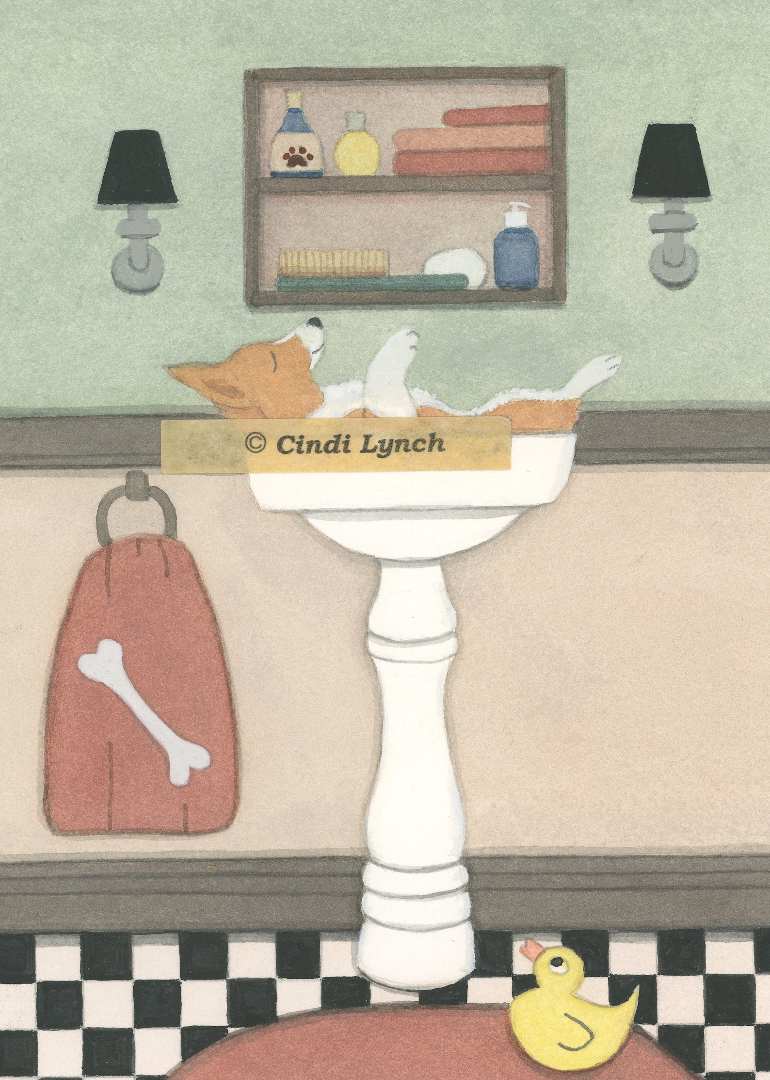 Pembroke Welsh Corgi Fills a Sink at Bath Time / Lynch Signed Folk Art ...