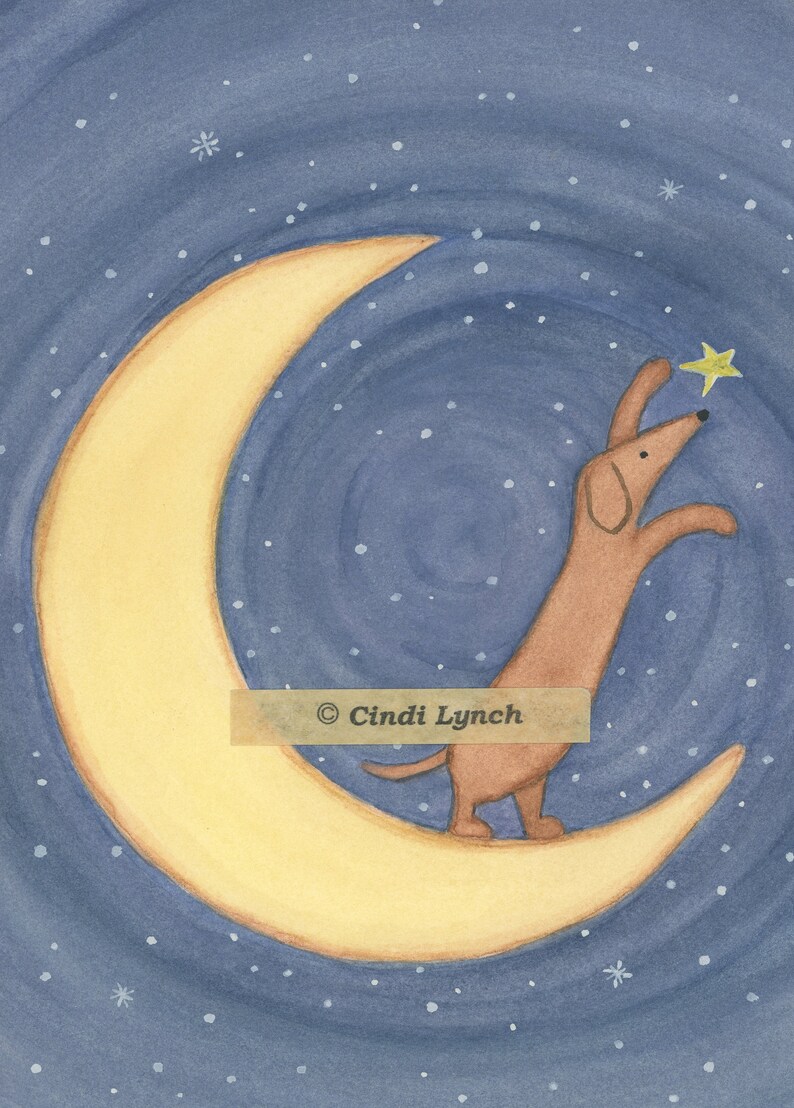 Brown Dachshund (doxie) on the Moon Reaches for a Star / Lynch Signed ...