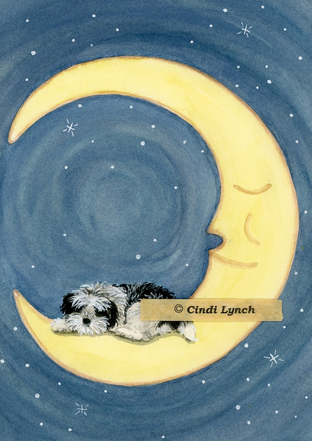 Black and White Shih-tzu (shihtzu) Sleeping on the Moon / Lynch Signed ...