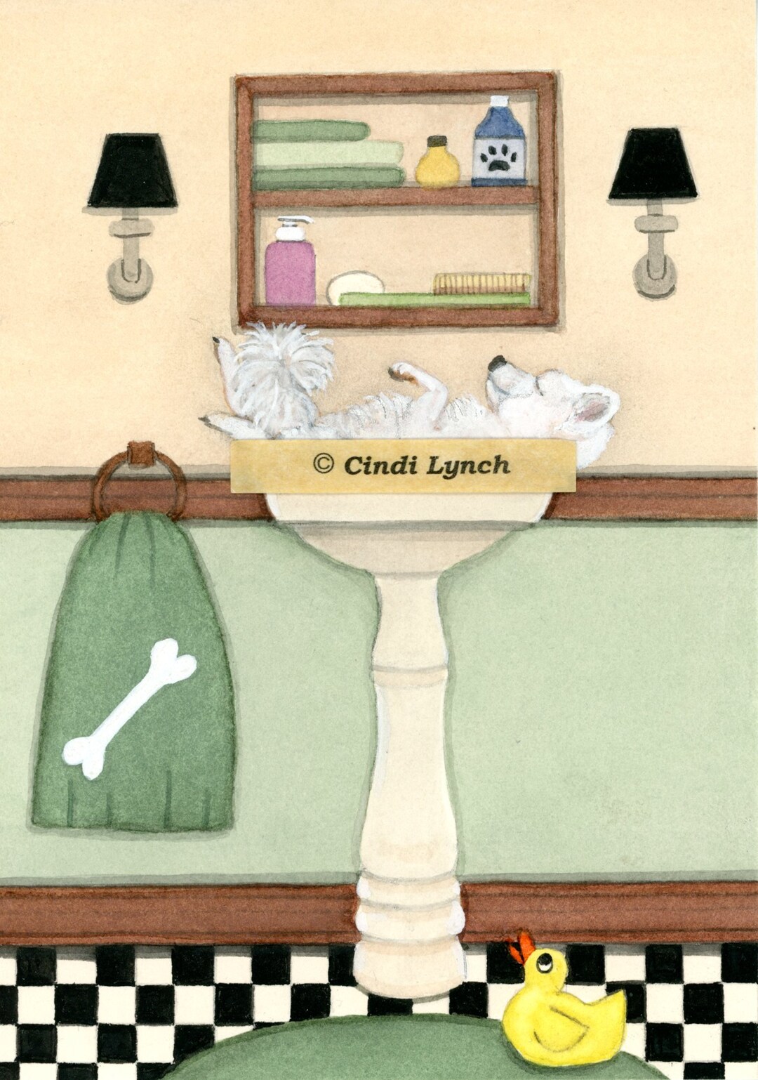 American Eskimo (eskie) Fills Sink at Bath Time / Lynch Signed Folk Art ...