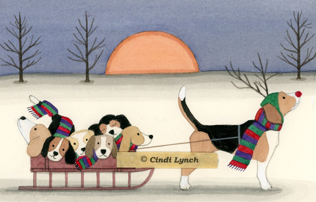 Beagle as Rudolph Taking Family for Sled Ride / Lynch Signed Folk Art ...