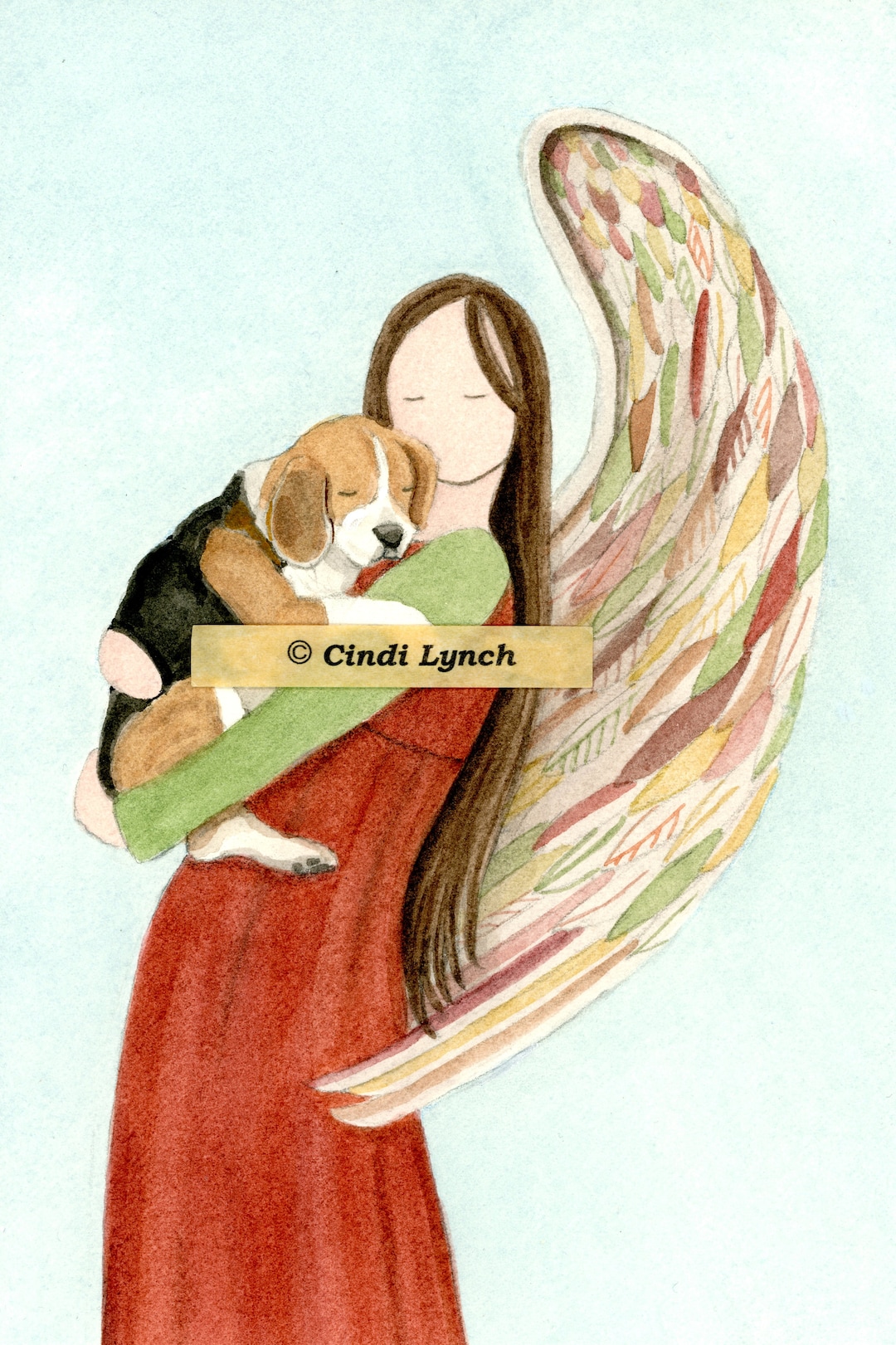 Beagle Cradled by Angel (profile) / Lynch Signed Folk Art Print Pet ...