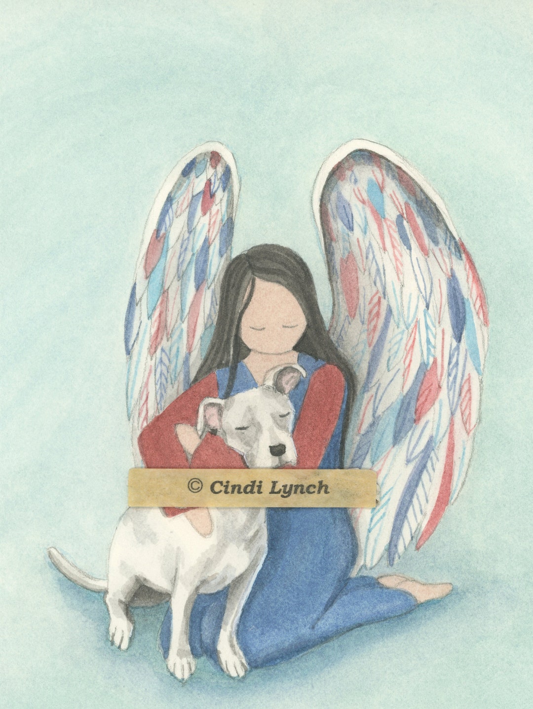 White Pitbull (pit Bull) Cradled by Angel / Lynch Signed Folk Art Print ...