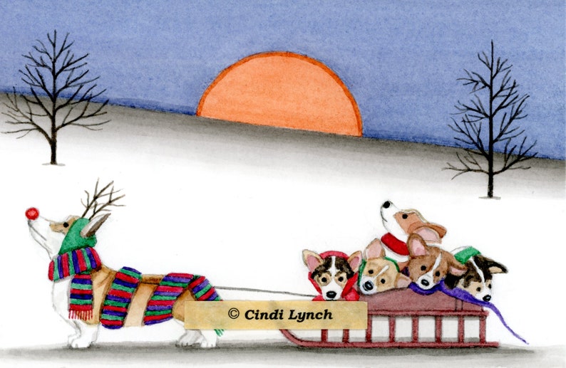 Christmas Cards: Pembroke Welsh Corgi Family Goes for Sled - Etsy