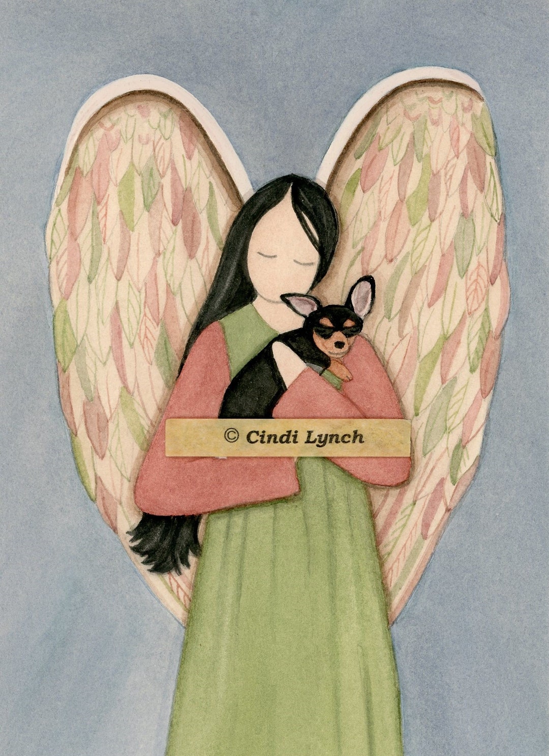 LARGER Black and Tan Chihuahua With Angel / Lynch Signed Folk Art Print ...