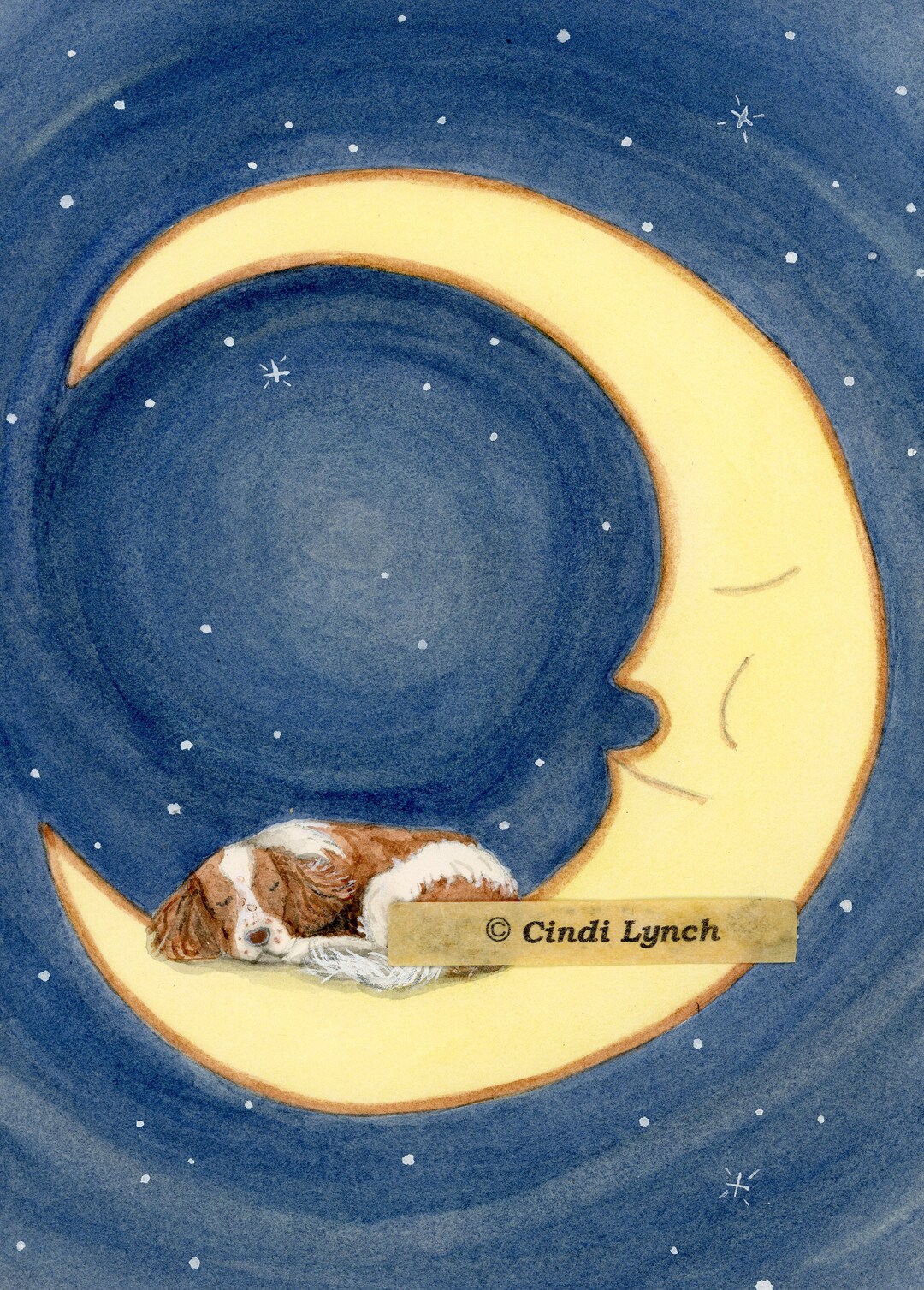 Brown English Springer Spaniel Takes a Nap on the Moon / Lynch Signed ...