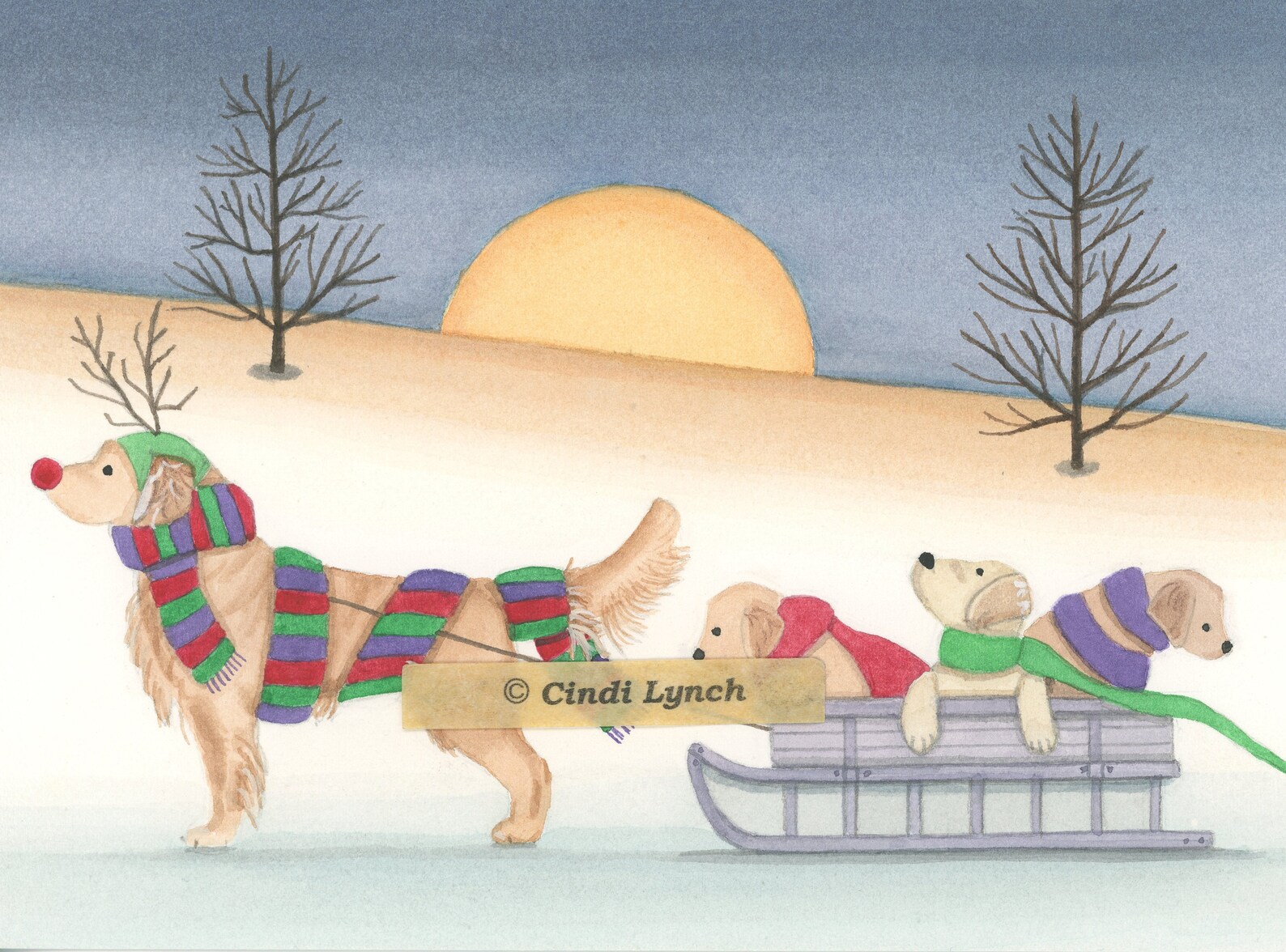 Golden Retriever as Rudolph Pulling Sled / Lynch Signed Folk Art Print ...