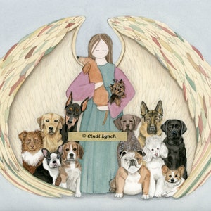 Angel Surrounded by Dogs - Beagle, German Shepherd, Boston Terrier ...