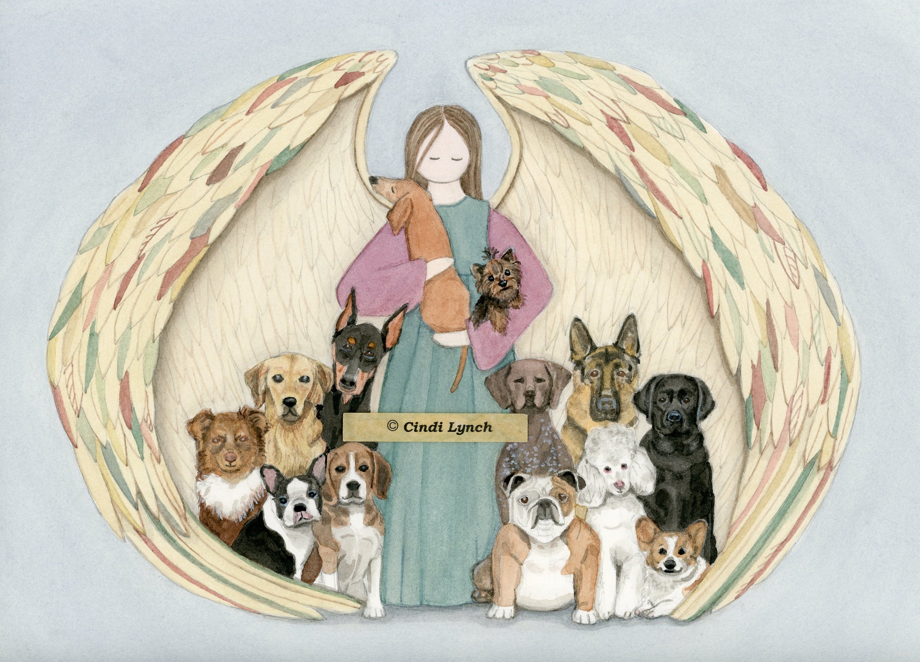Angel Surrounded by Dogs - Beagle, German Shepherd, Boston Terrier ...