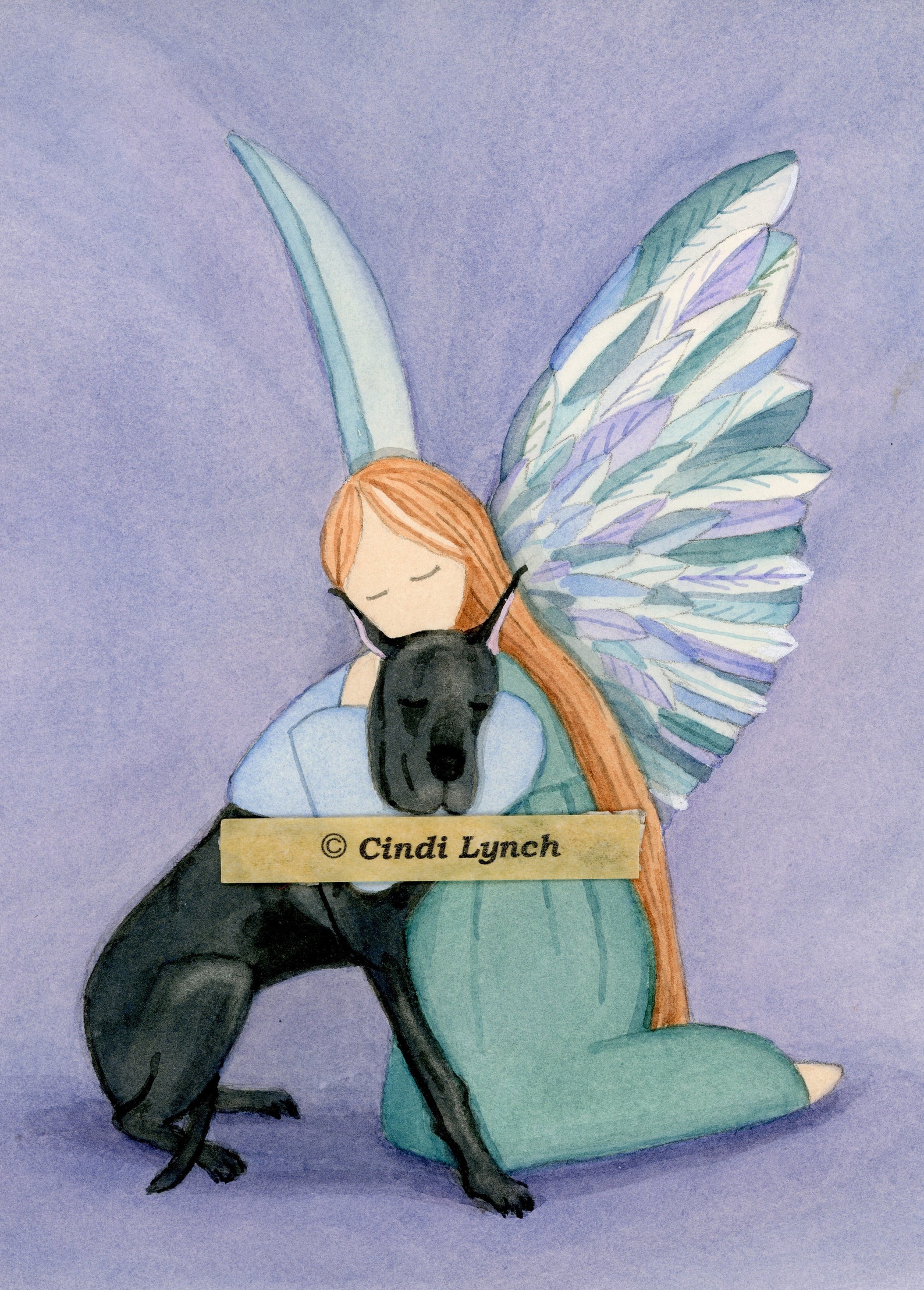 Angel and Black Great Dane / Lynch Signed Folk Art Print Pet Loss ...