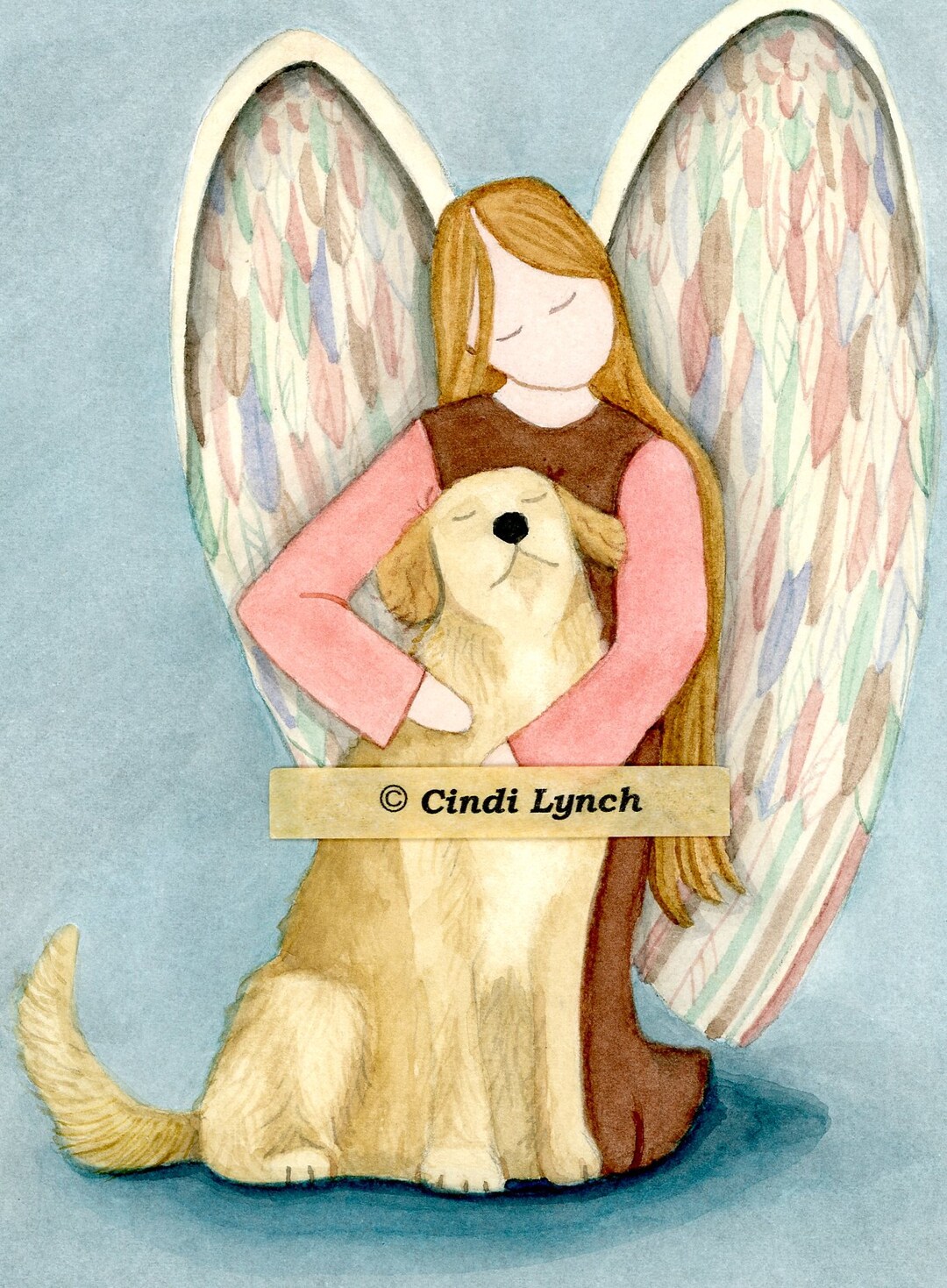LARGER Golden Retriever With Angel / Lynch Signed Folk Art Print Pet ...
