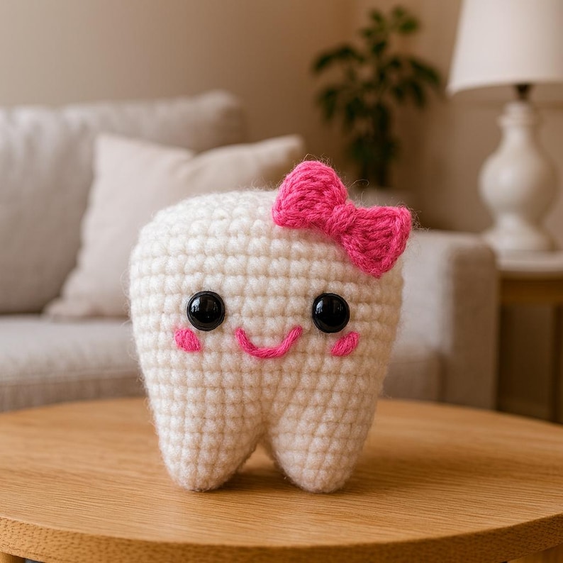Tooth Amigurumi Crochet Pattern • Kawaii Plush With Pink Bow • Dentist ...