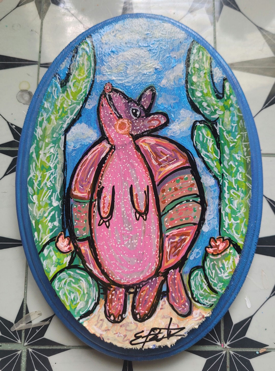 Armadillo With Cacti Original Wall Painting on Wood Plaque - Etsy