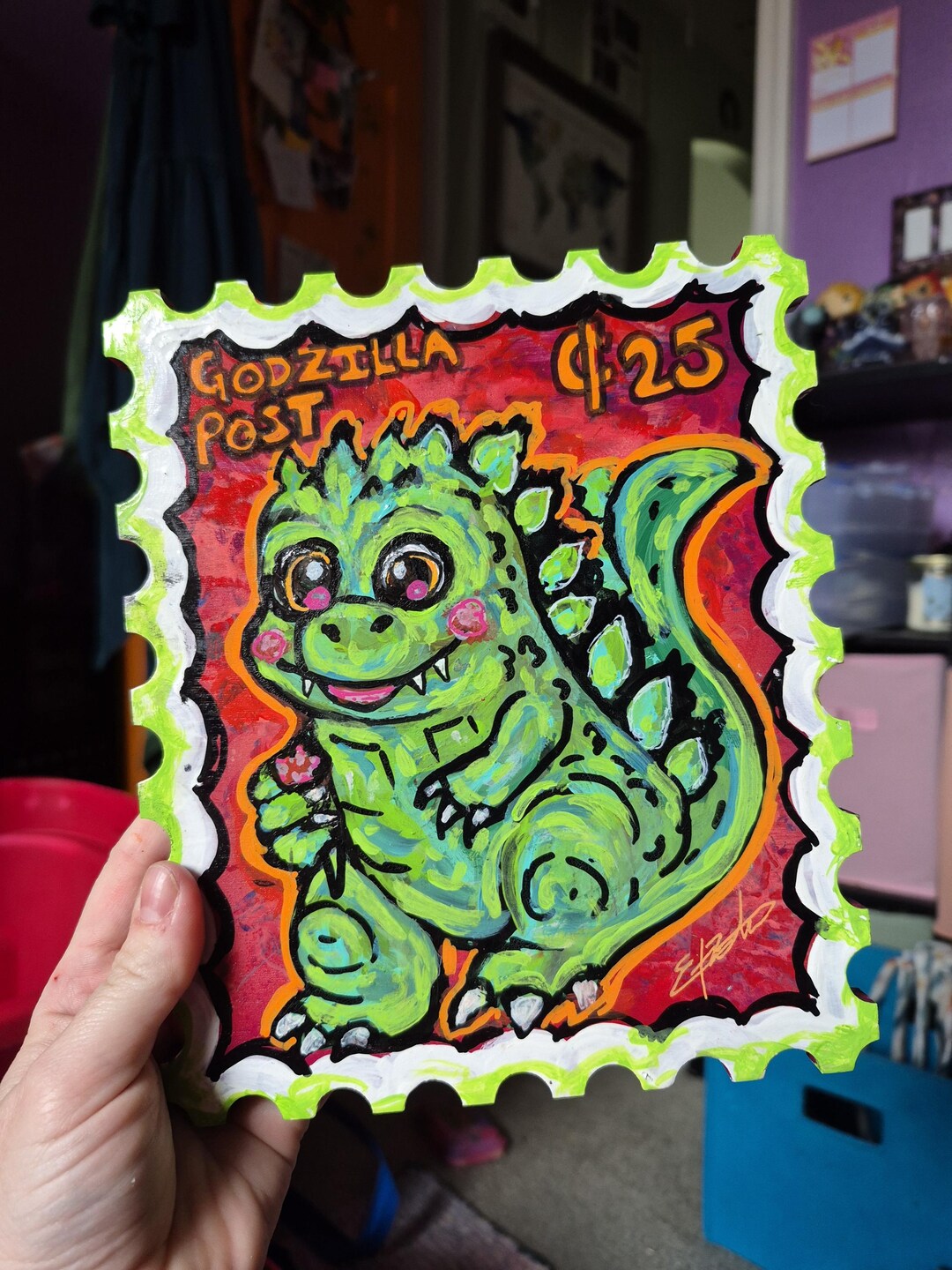 Godzilla Stamp Original Wall Painting on Wood Plaque - Etsy