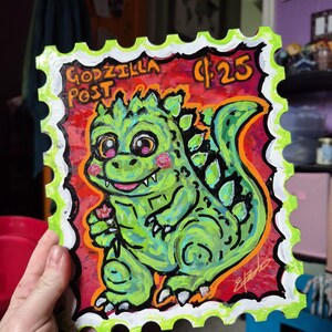Godzilla Stamp Original Wall Painting on Wood Plaque - Etsy