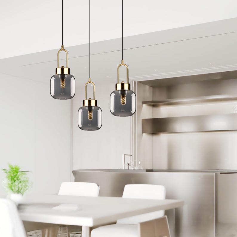 Custom Made Kitchen Island Smoked Glass Pendant Light, Amber Smoke Gray ...