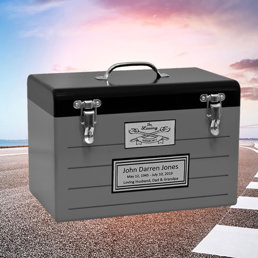 Toolbox Cremation Urn: Gray Wood, Crossed Tools, Free Engraved Name ...